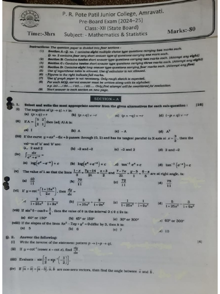 State Board 12th Preboard 2024-25 | PDF
