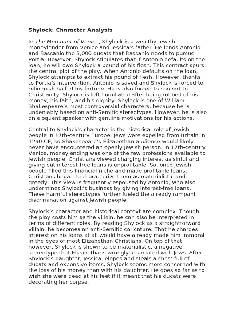 Shylock, Antonio and Portia - Full Character Analysis | PDF | Shylock ...