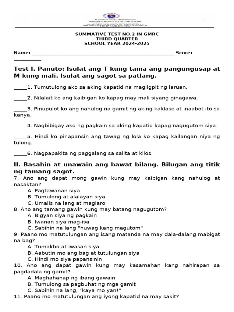 Q3 GMRC 1 Summative Test No 2 | PDF