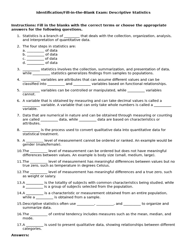 Identification Exam For Descriptive Statistics | PDF | Statistics ...
