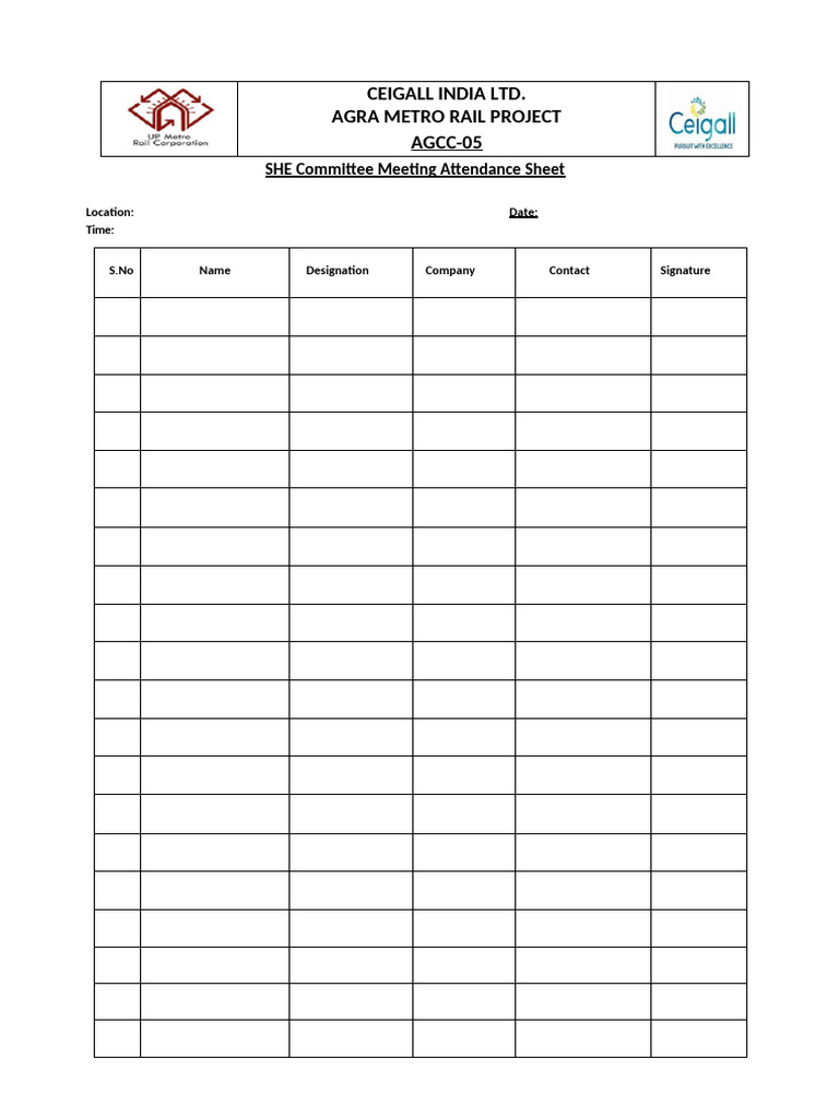 Agra Metro SHE Meeting Attendance | PDF