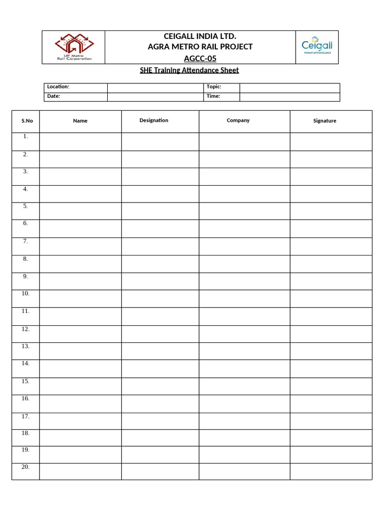 She Training Attendance Sheet-Agcc-05 | PDF