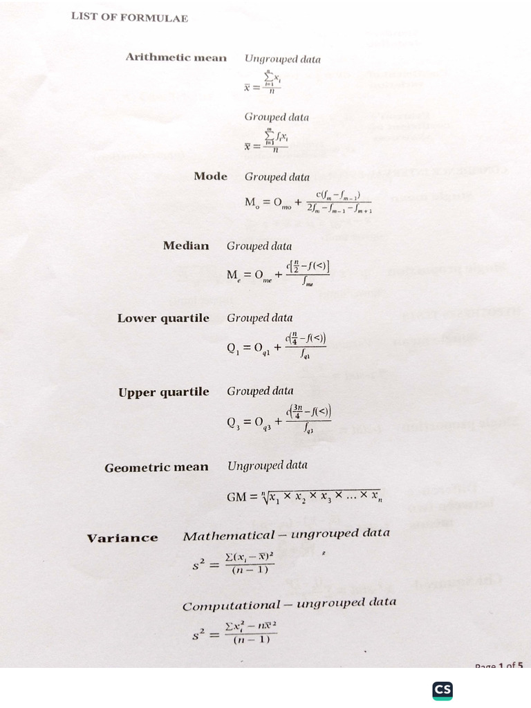 List of Formulae | PDF