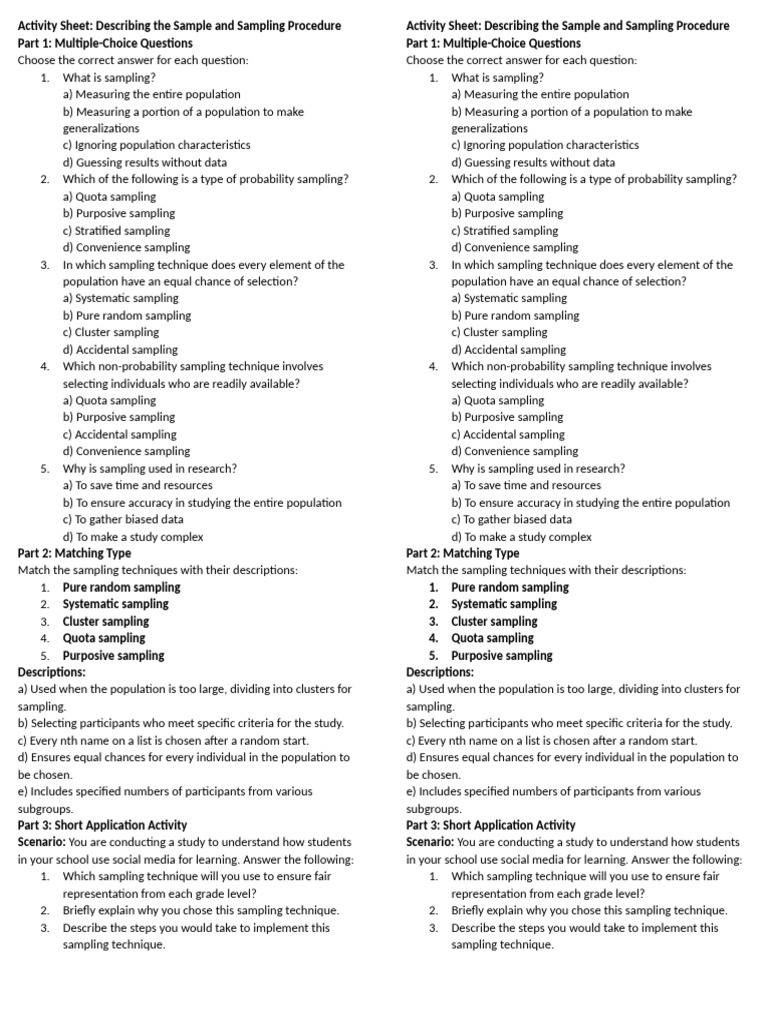 Sampling Techniques Activity Sheet | PDF | Sampling (Statistics) | Research Methods
