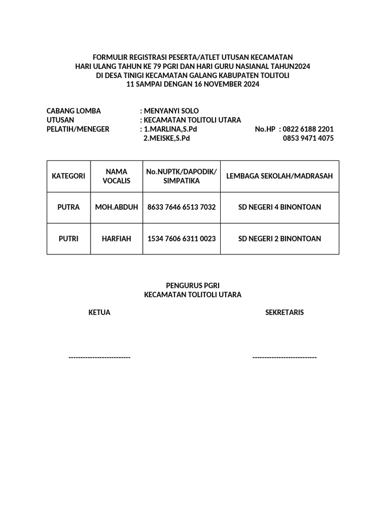 Formulir Registrasi Peserta Lomba Pgri | PDF