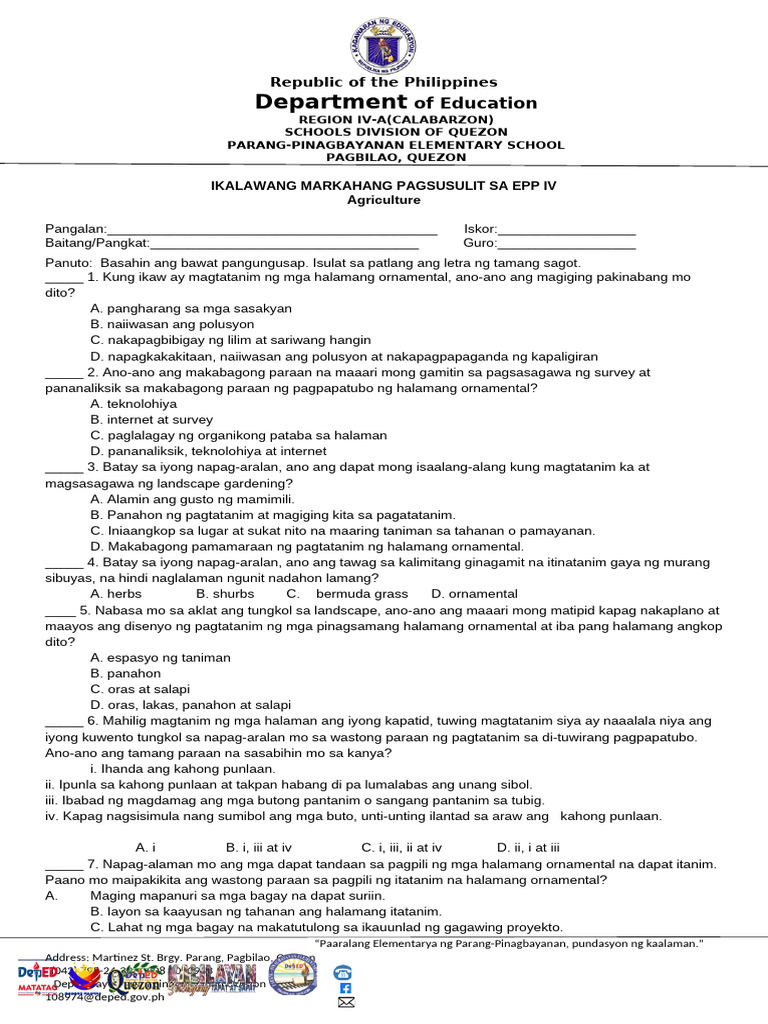 2nd Periodical Test EPP 4 Agriculture | PDF
