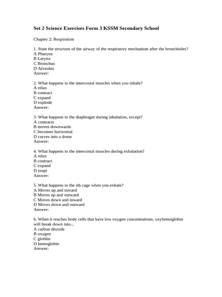 Set 2 Science Exercises Form 3 KSSM Secondary Scho | PDF | Respiratory ...