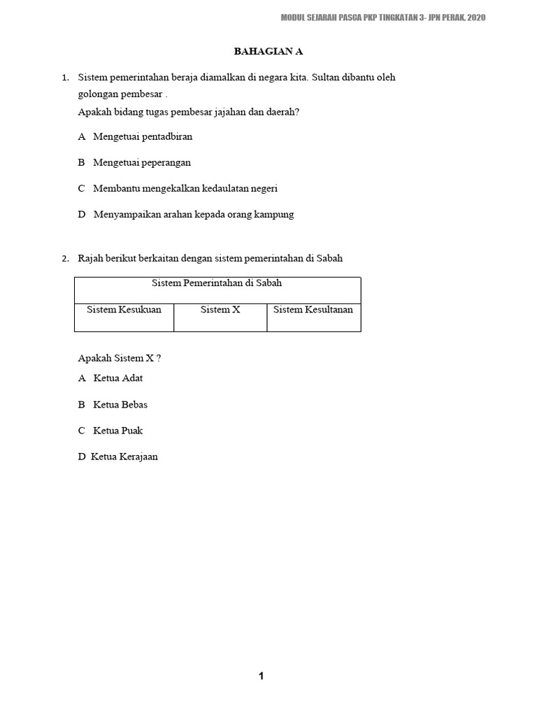 F3 Sej Bab 1 Latihan | PDF