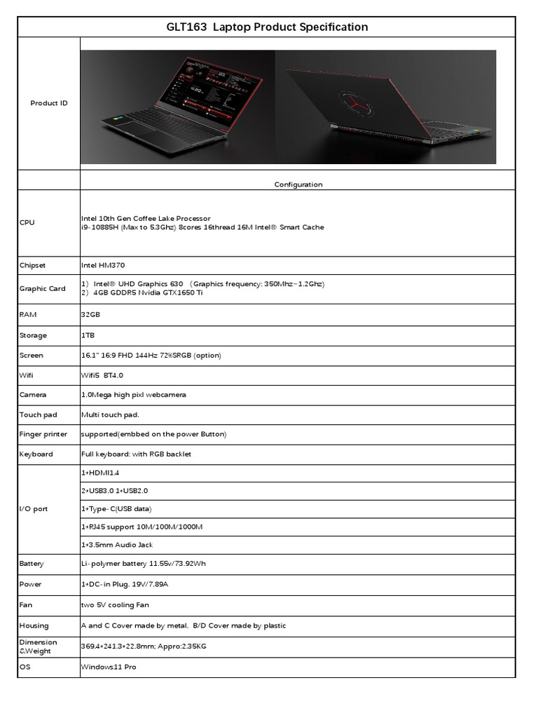 GLT163 Laptop Product Specification | PDF