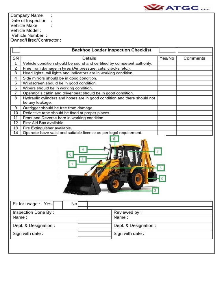 Backhoe Loader Inspection Checklist | PDF