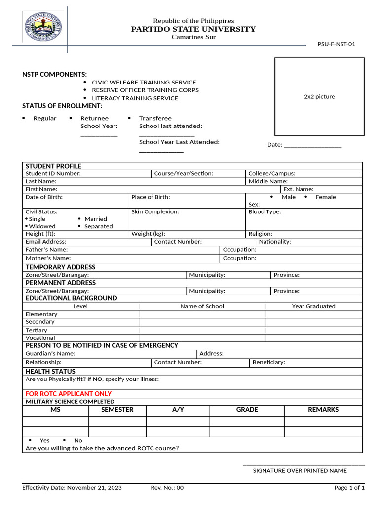 NSTP Registration Form NST 01 | PDF