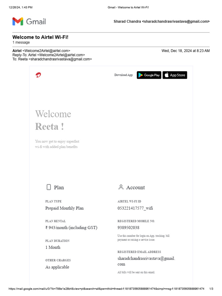 Gmail - Welcome to Airtel Wi-Fi! | PDF | Gmail | Computing
