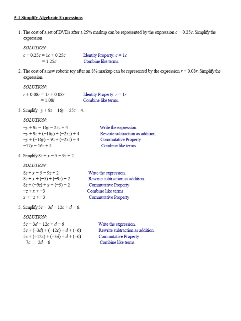 Simplifying Algebraic Expressions | PDF | Mathematical Objects ...