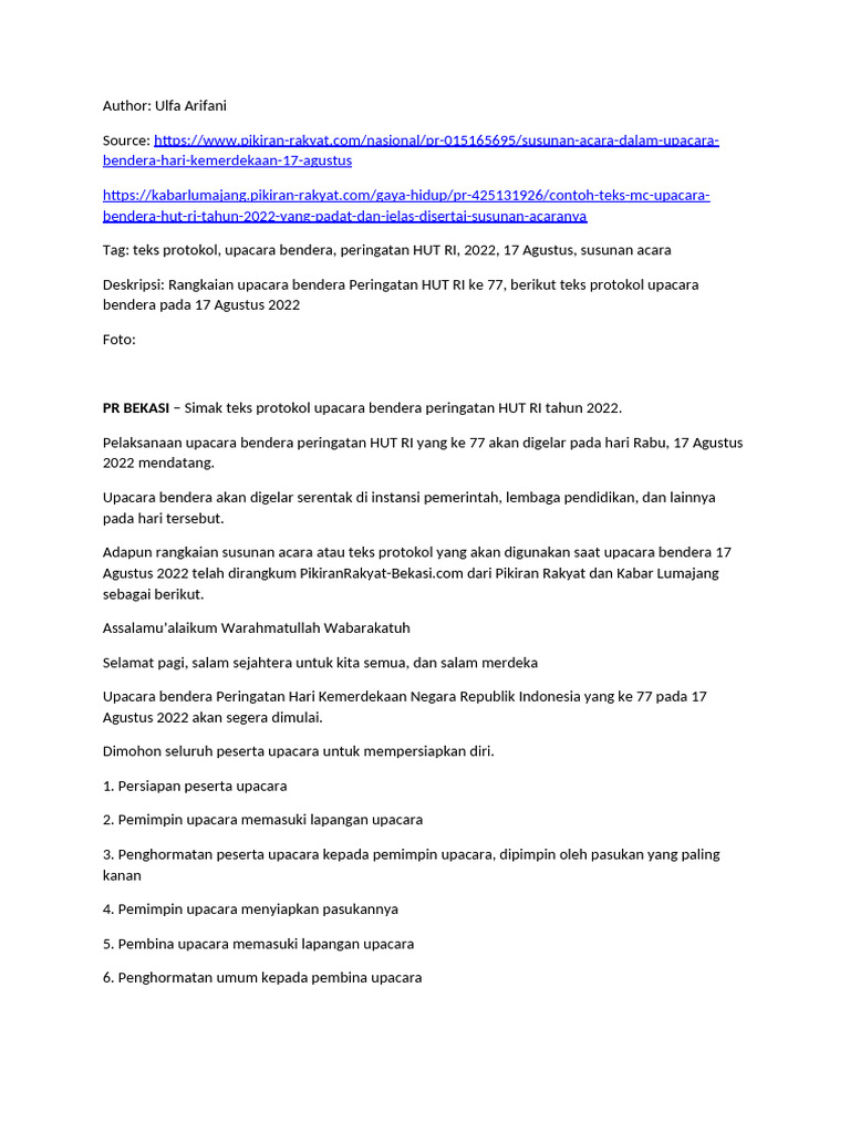 Teks Protokol Upacara Bendera Peringatan HUT RI Tahun 2022 | PDF
