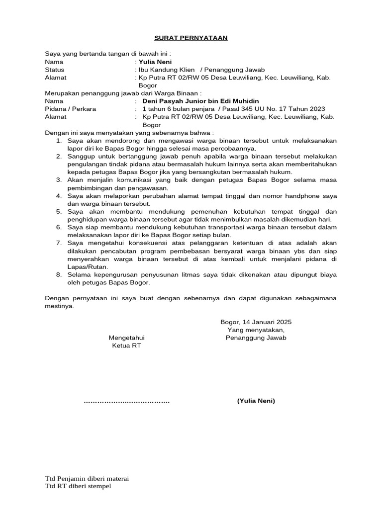 01 Surat Pernyataan Penjamin Deni | PDF