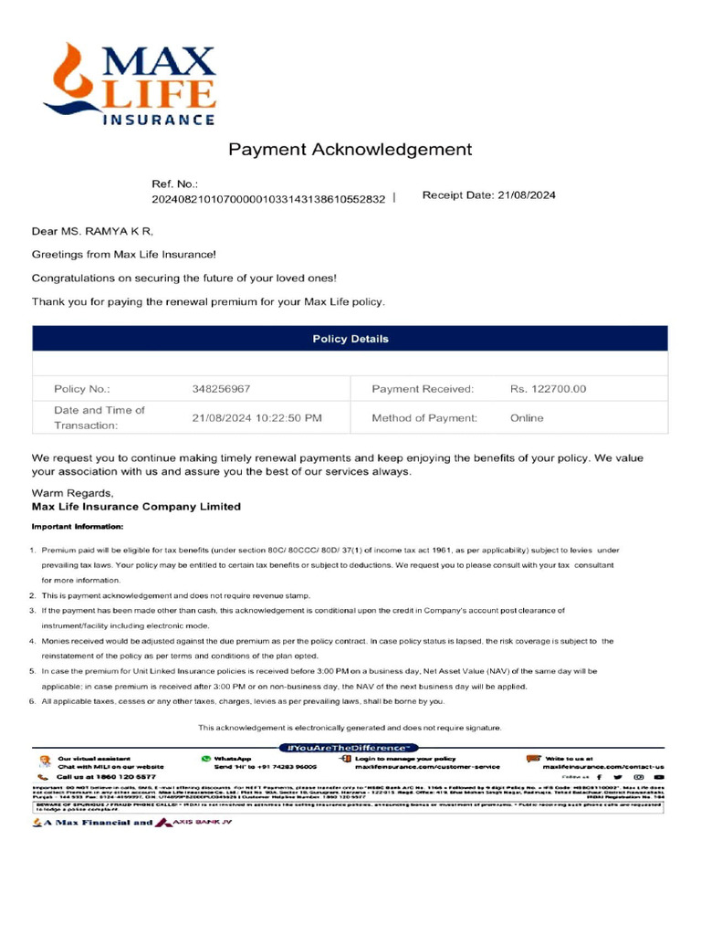 Payment Acknowledgment | PDF | Insurance | Life Insurance