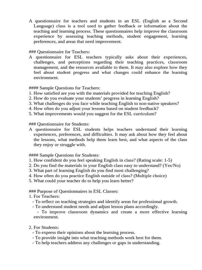 A Questionnaire For Teachers and Students in An ESL | PDF | English As ...