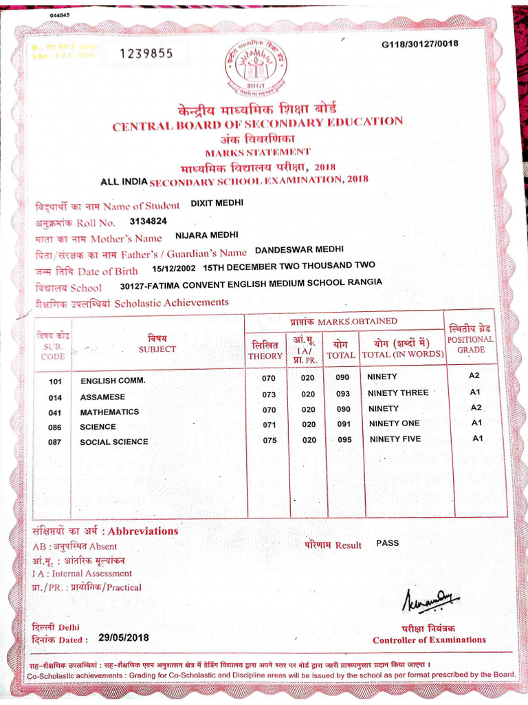 Class 10 Marksheet | PDF