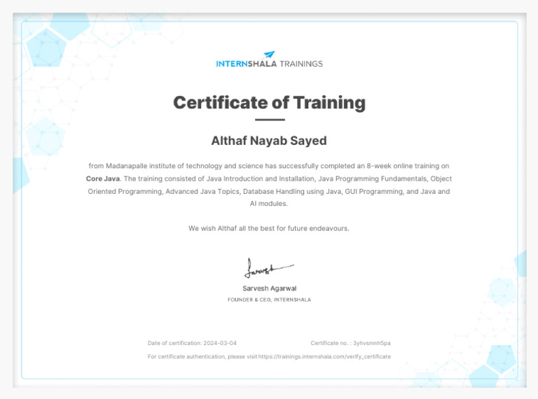 Core Java Training - Certificate of Completion (1) | PDF