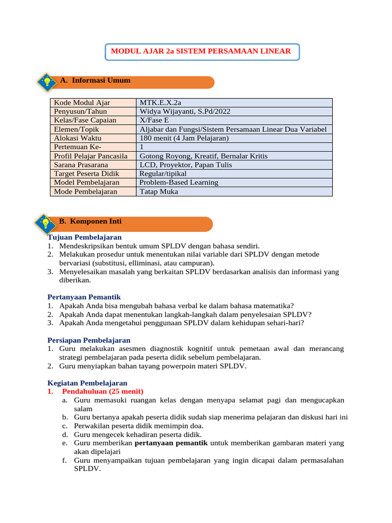 Modul Ajar 2 Sistem Persamaan Linear | PDF