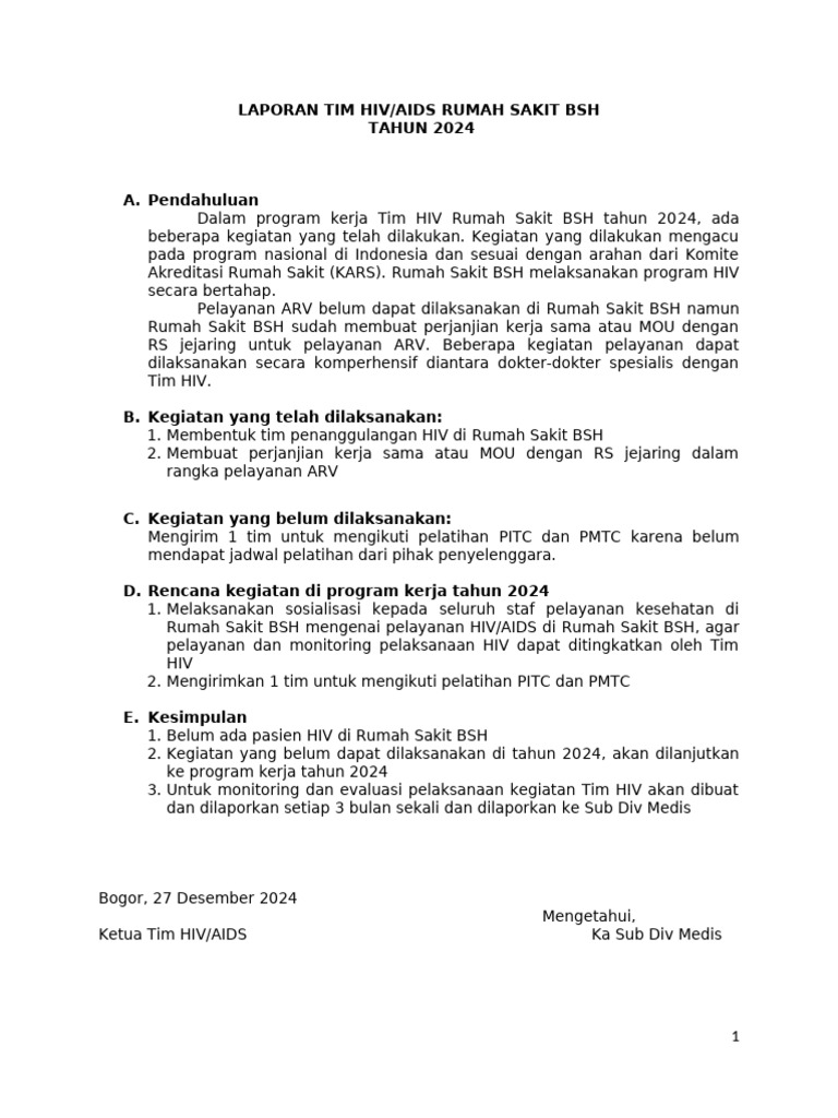 Laporan Program HIV RS BSH 2024 | PDF
