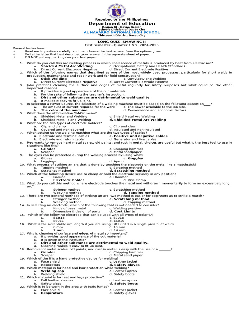 1st-Quarter-SMAW Long Quiz-NC-II-2024 | PDF | Welding | Construction