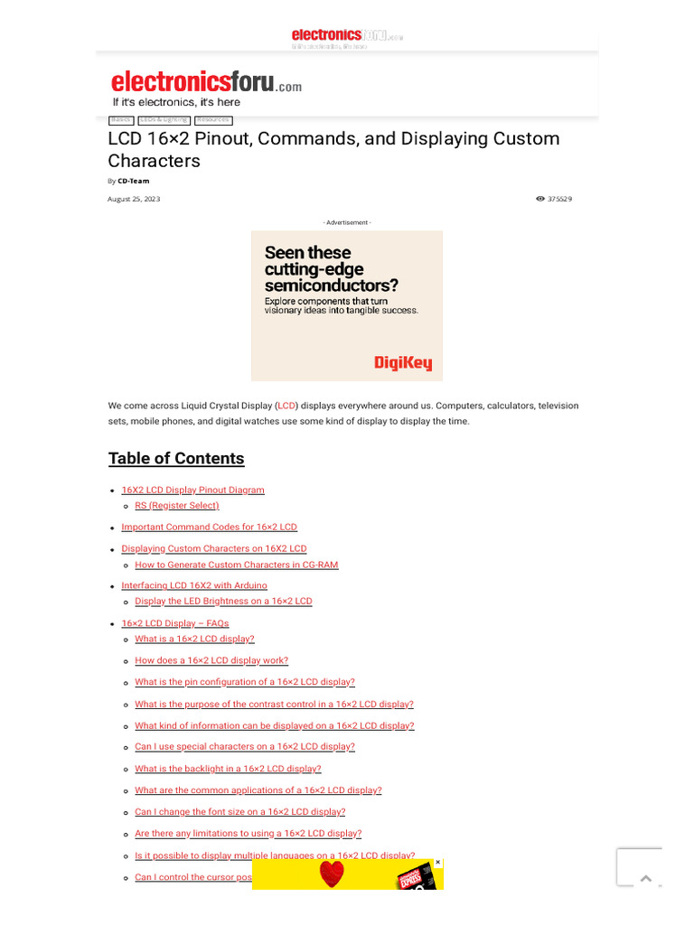 LCD 16x2 Pinout, Commands, and Displaying Custom Character | PDF ...