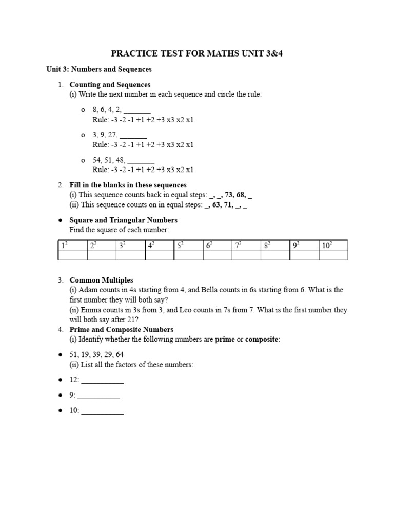 Maths Unit 3 & 4 Practice Test | PDF