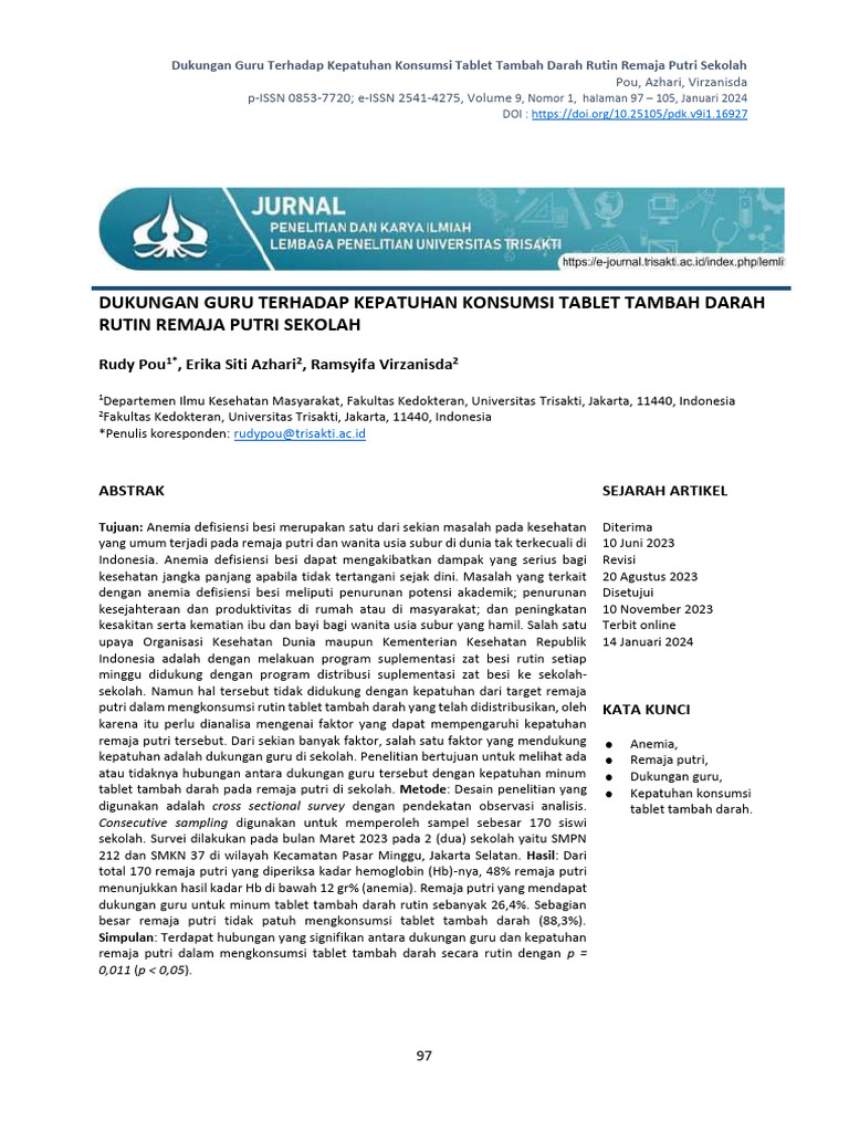 Artikel Rudy Pou Dukungan Guru Terhadap Kepatuhan Konsumsi Tablet Tambah Darah Rutin Remaja ...