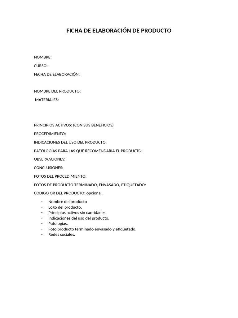 Ficha de Elaboración de Producto Actualizada | PDF