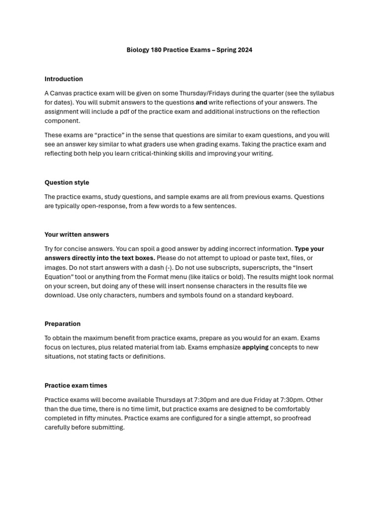 Biology 180 Practice Exams Instructions | PDF