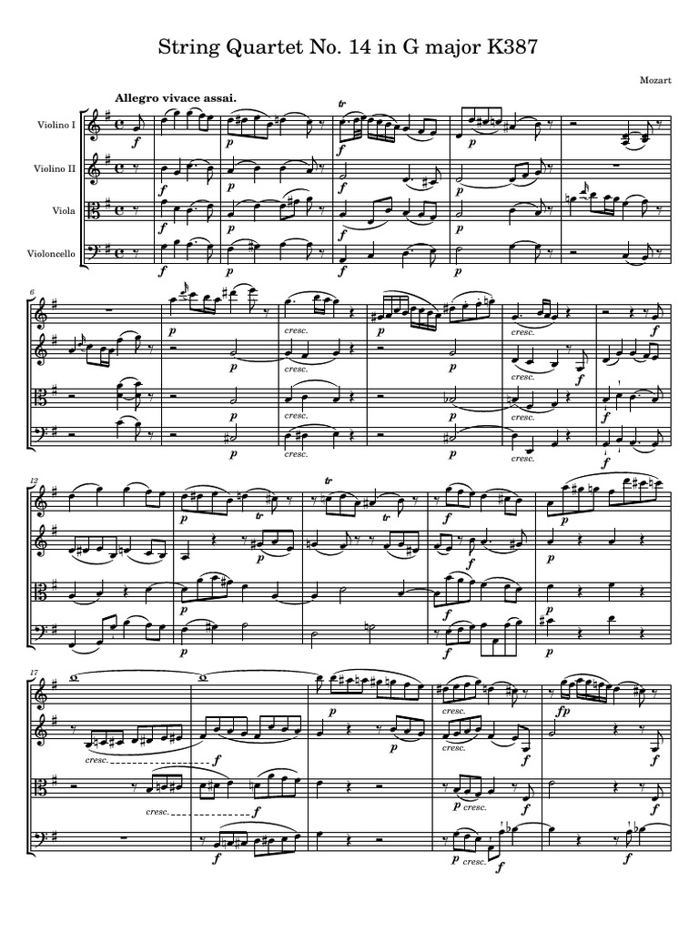 Mozart String Quartet No. 14 in G Major K387 | PDF | Chamber Music | Classical Music