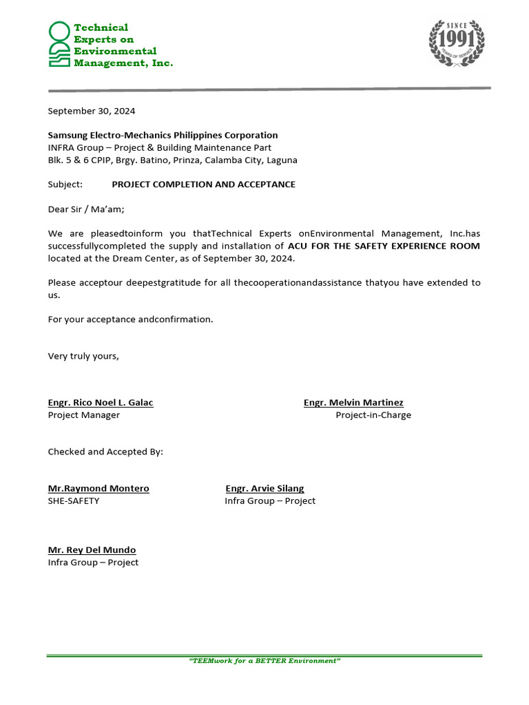 Project Completion Notice for ACU Installation | PDF
