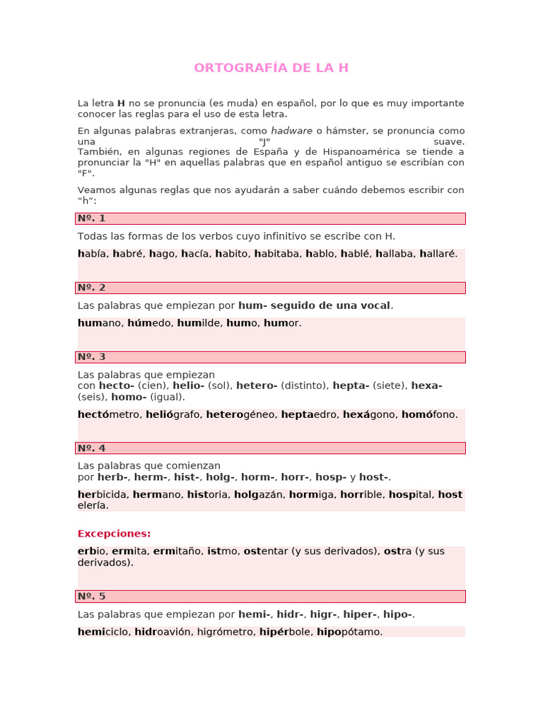 Reglas de ortografía con H en español | PDF