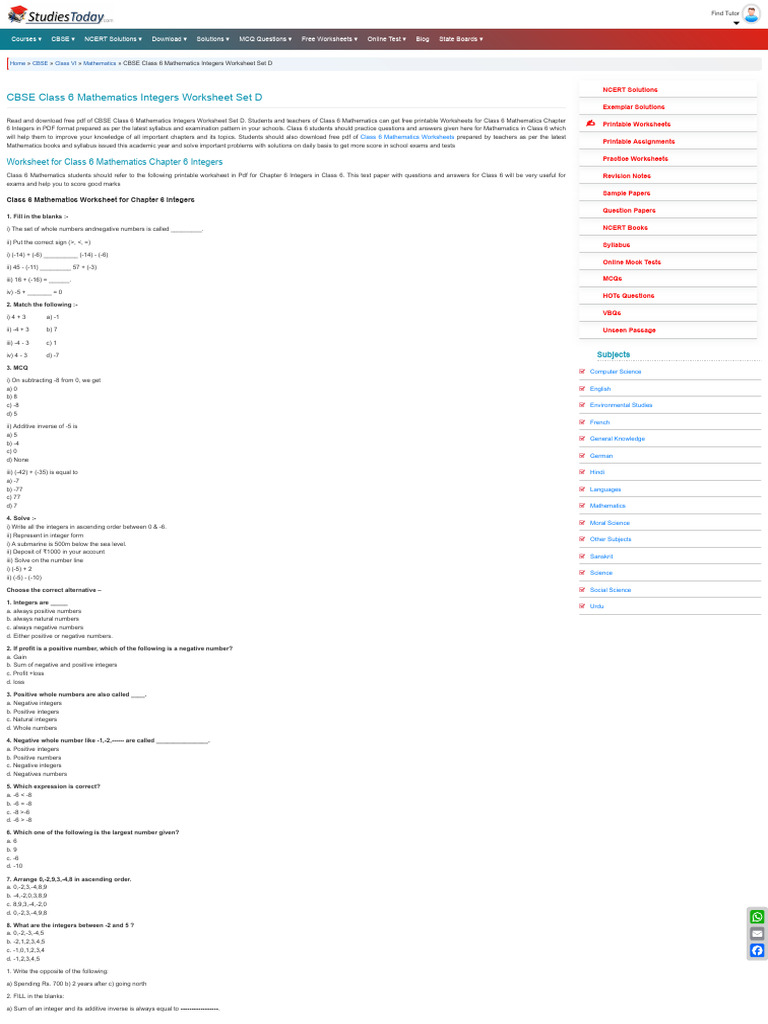 Class 6 Math Integers Worksheet | PDF | Numbers | Multiple Choice
