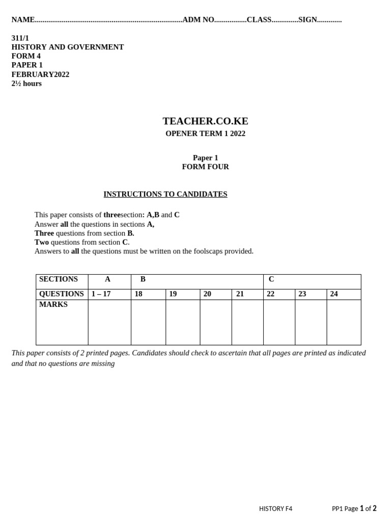 History Form 4 Paper 1 Questions 2022 | PDF | Kenya | British Empire
