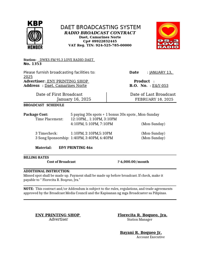 Radio Broadcast Contract for E&Y Printing | PDF