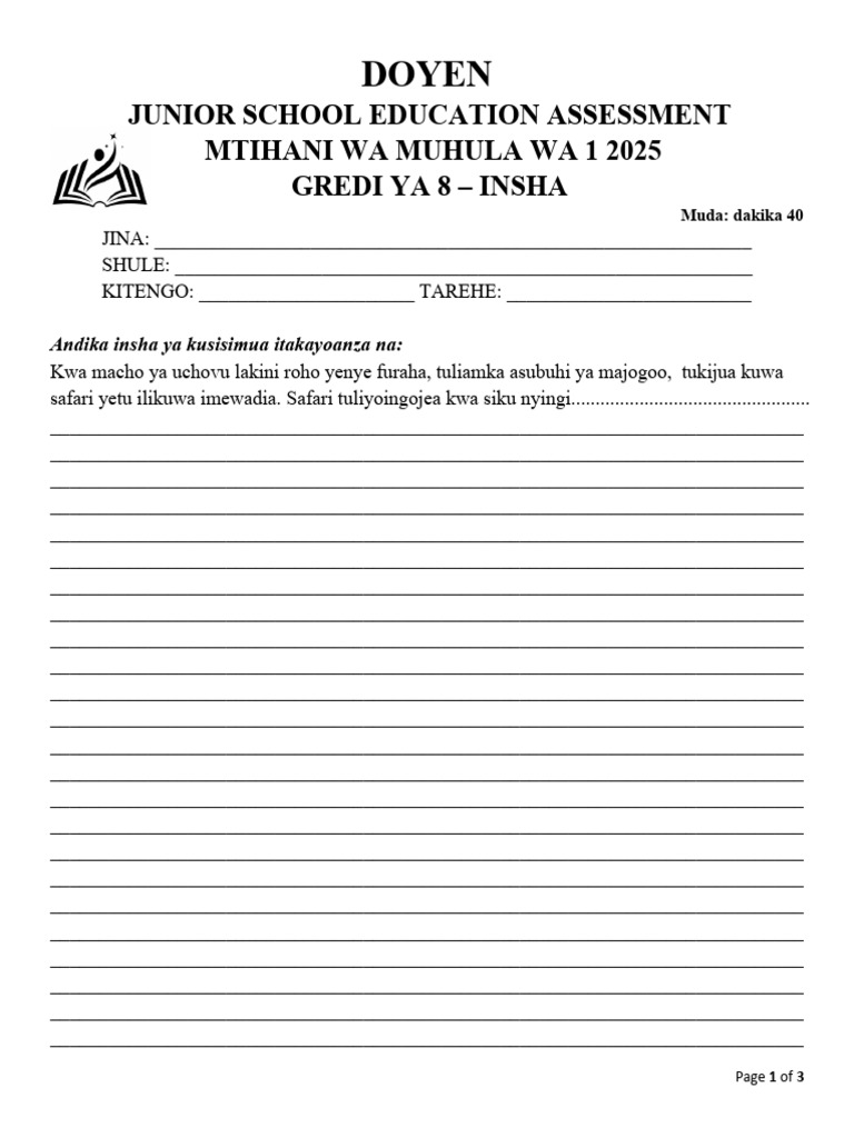 Grade 8 Kiswahili Insha Term 1 2025 Opener Exam | PDF