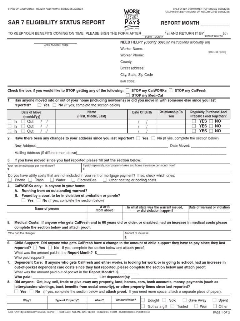 California SAR 7 Benefits Eligibility Form | PDF | Social Security ...