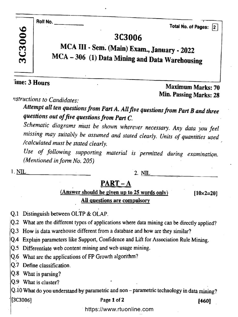 Mca 3 Sem Data Mining and Data Warehousing 3c3006 Jan 2022 | PDF