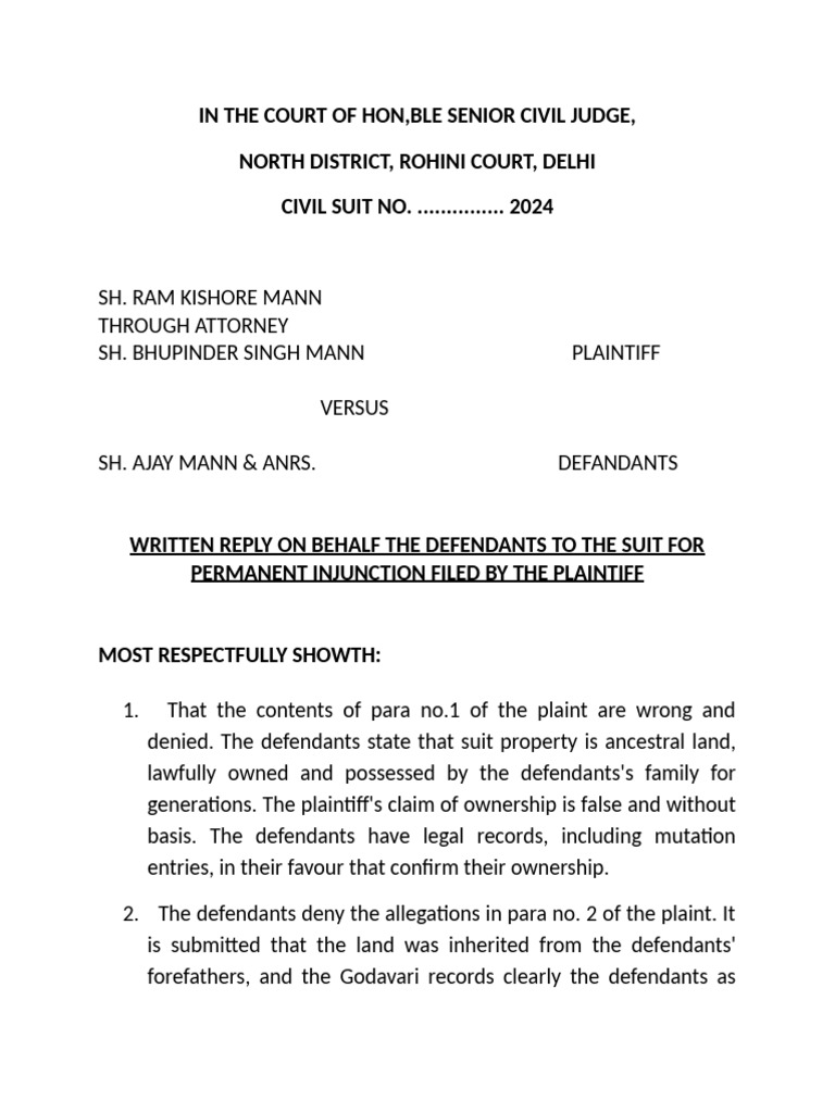 written statement by mr. Ajay mann & others defendants | PDF | Lawsuit | Justice