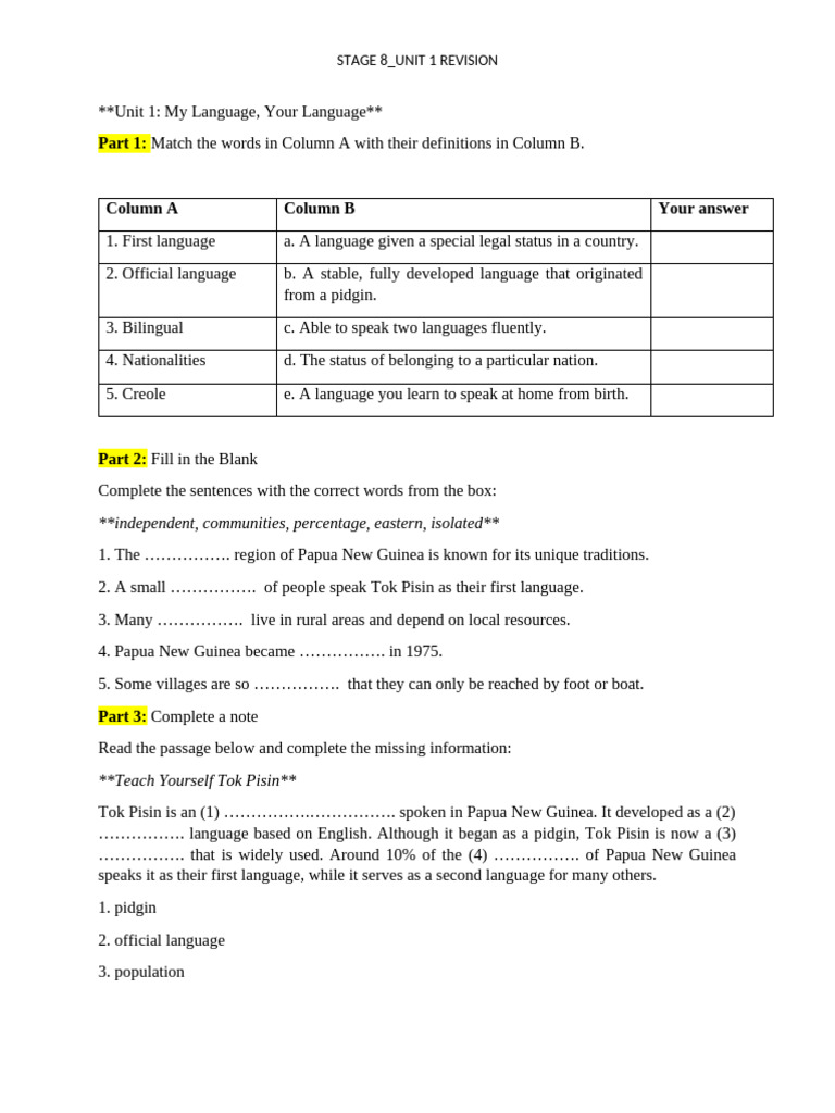 (WORKSHEET) Unit 1 - Languages | PDF | Learning | Multilingualism