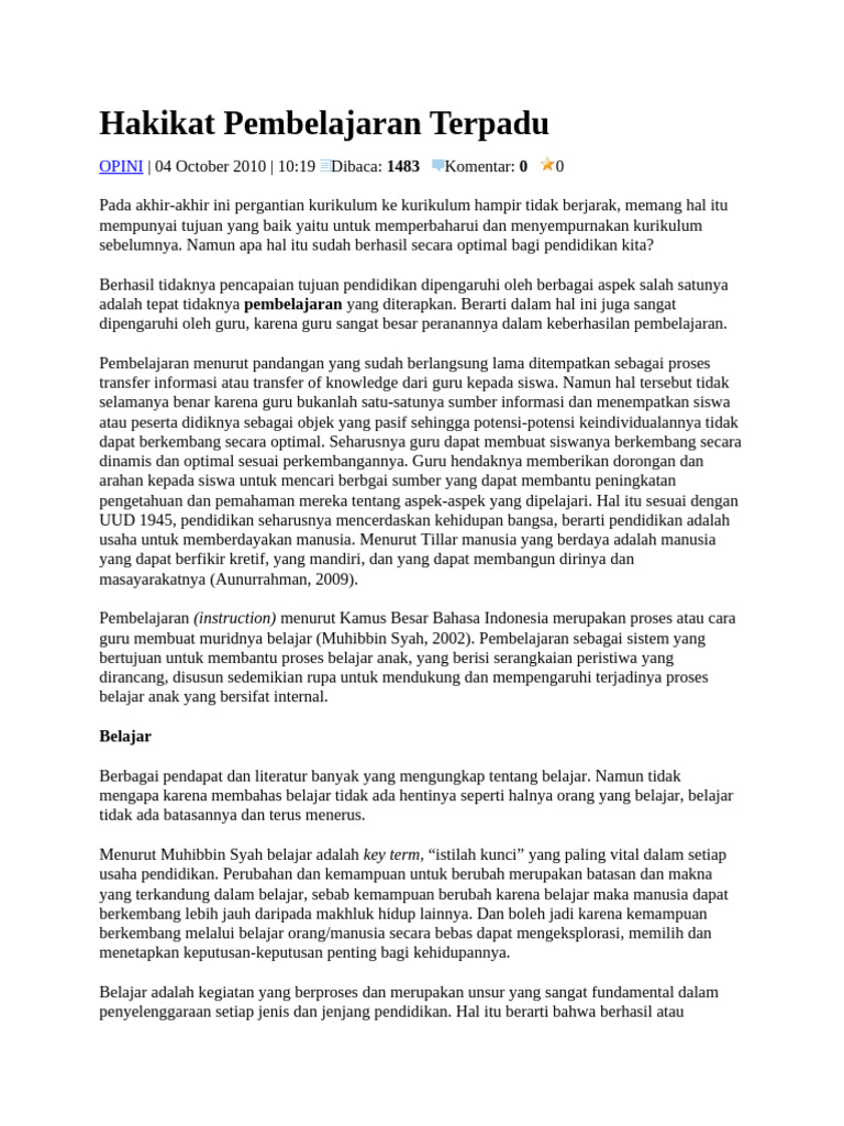 Hakikat Pembelajaran Terpadu | PDF