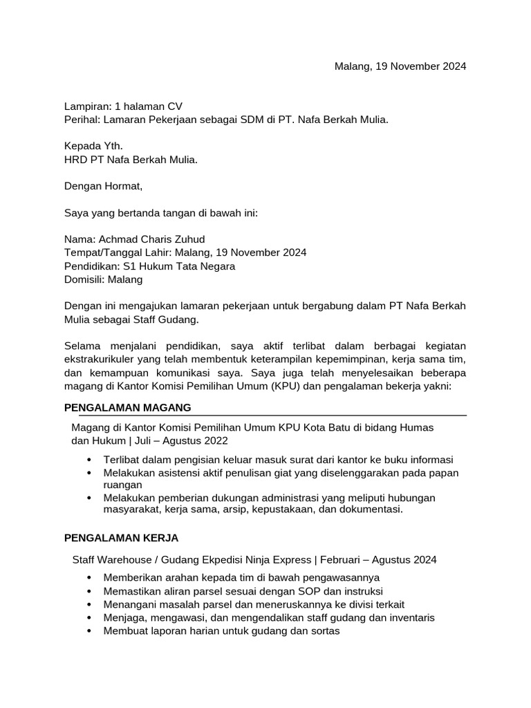 CV Kerja PT Nafa Mulia | PDF