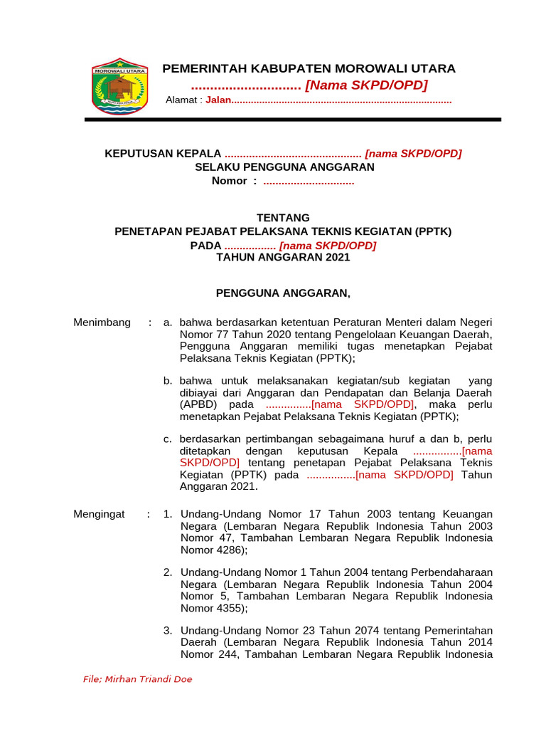 Contoh SK PPTK Sesuai Perpres 12 Tahun 2021 Dan PMDN 77 Tahun 2020 | PDF