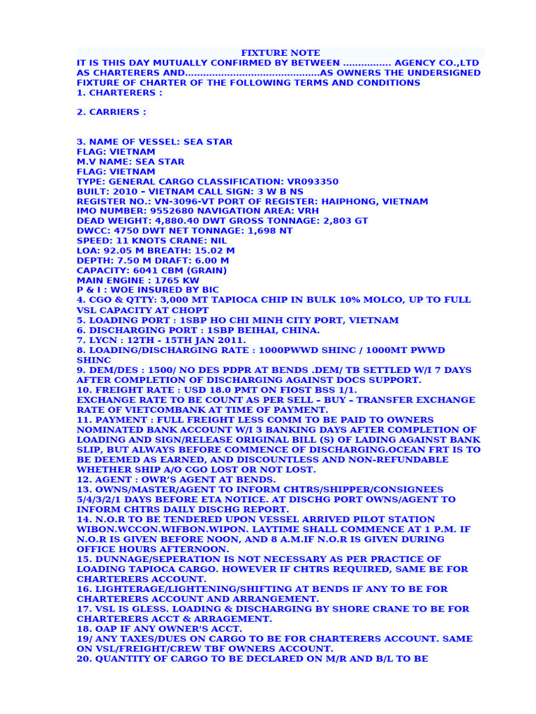 Phần 2. fixture note | PDF | Cargo | Tonnage
