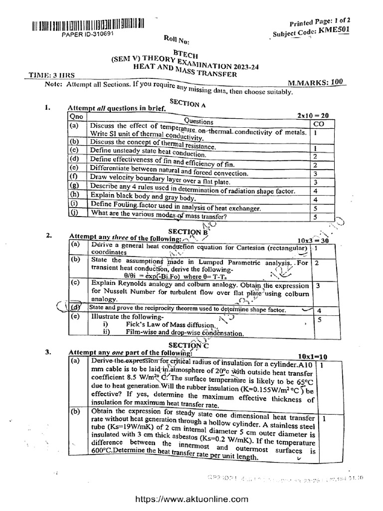 Btech Me 5 Sem Heat and Mass Transfer Kme501 Jan 2024 | PDF