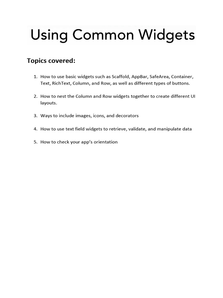 Flutter Basic Widgets Guide | PDF | Icon (Computing) | Menu (Computing)