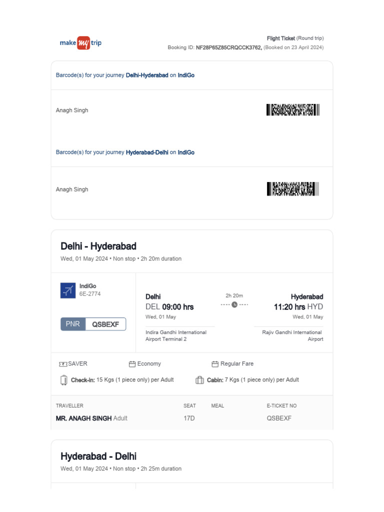 Delhi-Hyderabad Flight Itinerary | PDF | Aviation | Transport