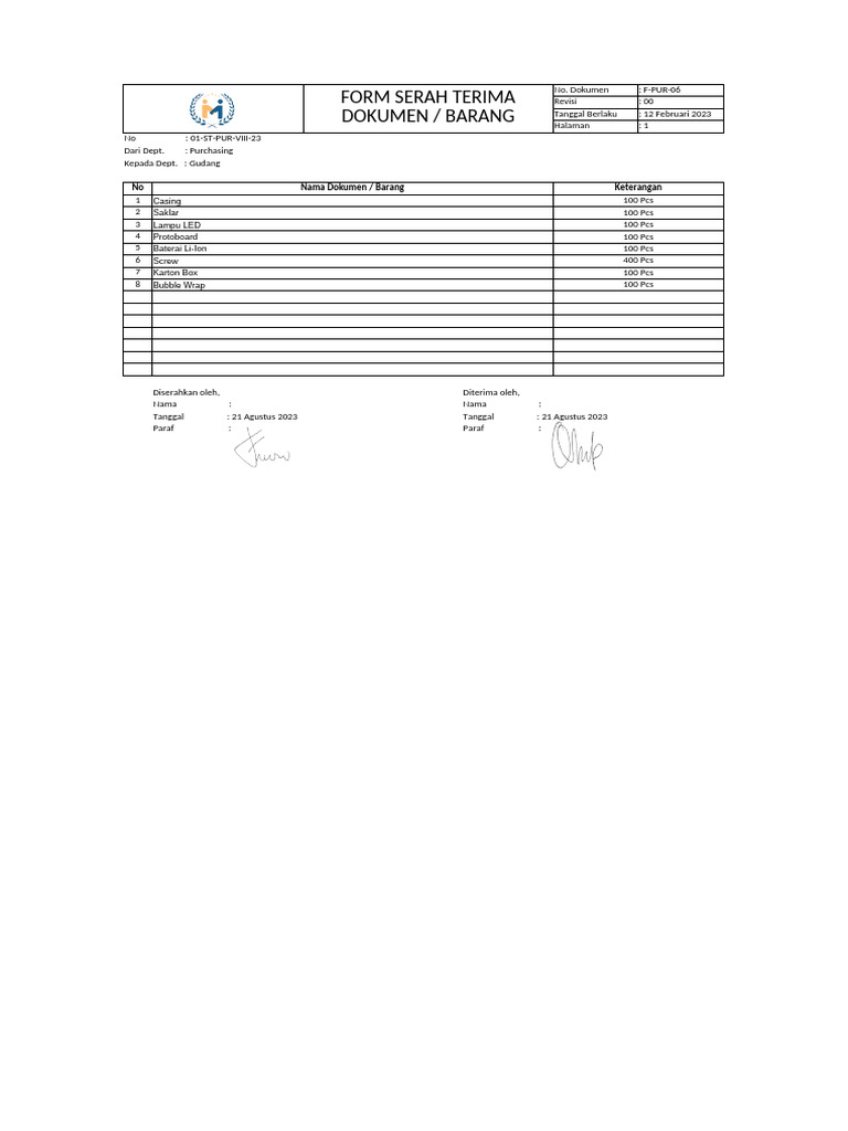 F-PUR-06 Form Serah Terima Dokumen - Barang - UBB | PDF